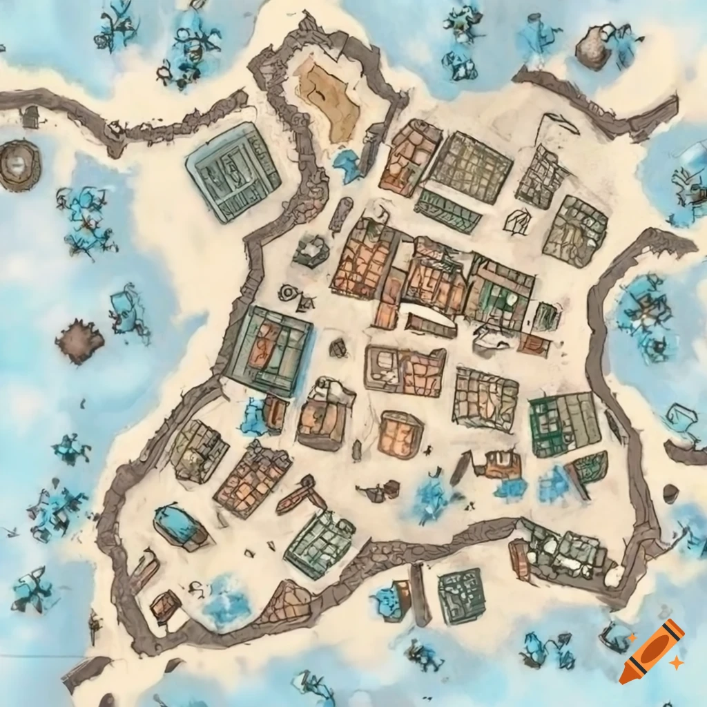 Top view battlemap of winter town on Craiyon