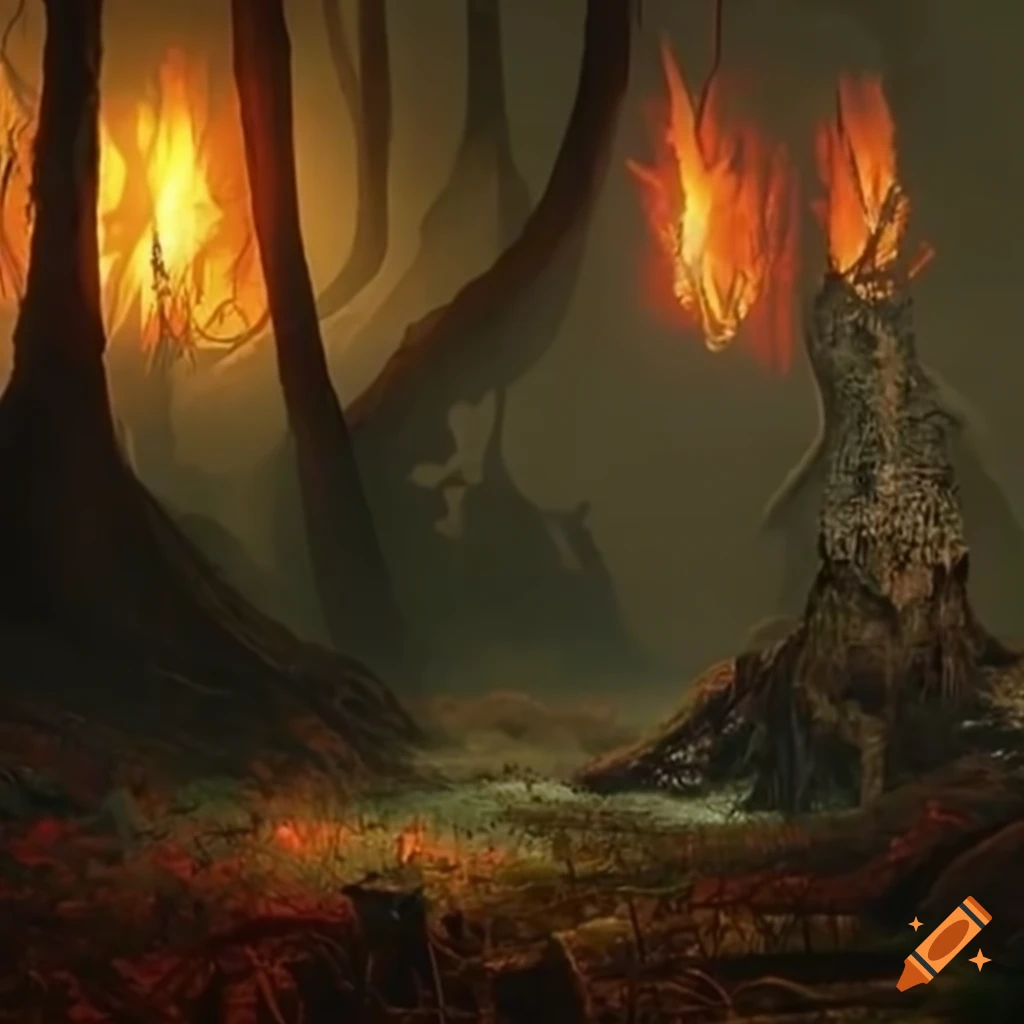 Image of mysterious swamps surrounded by fire in fantasy woods on Craiyon