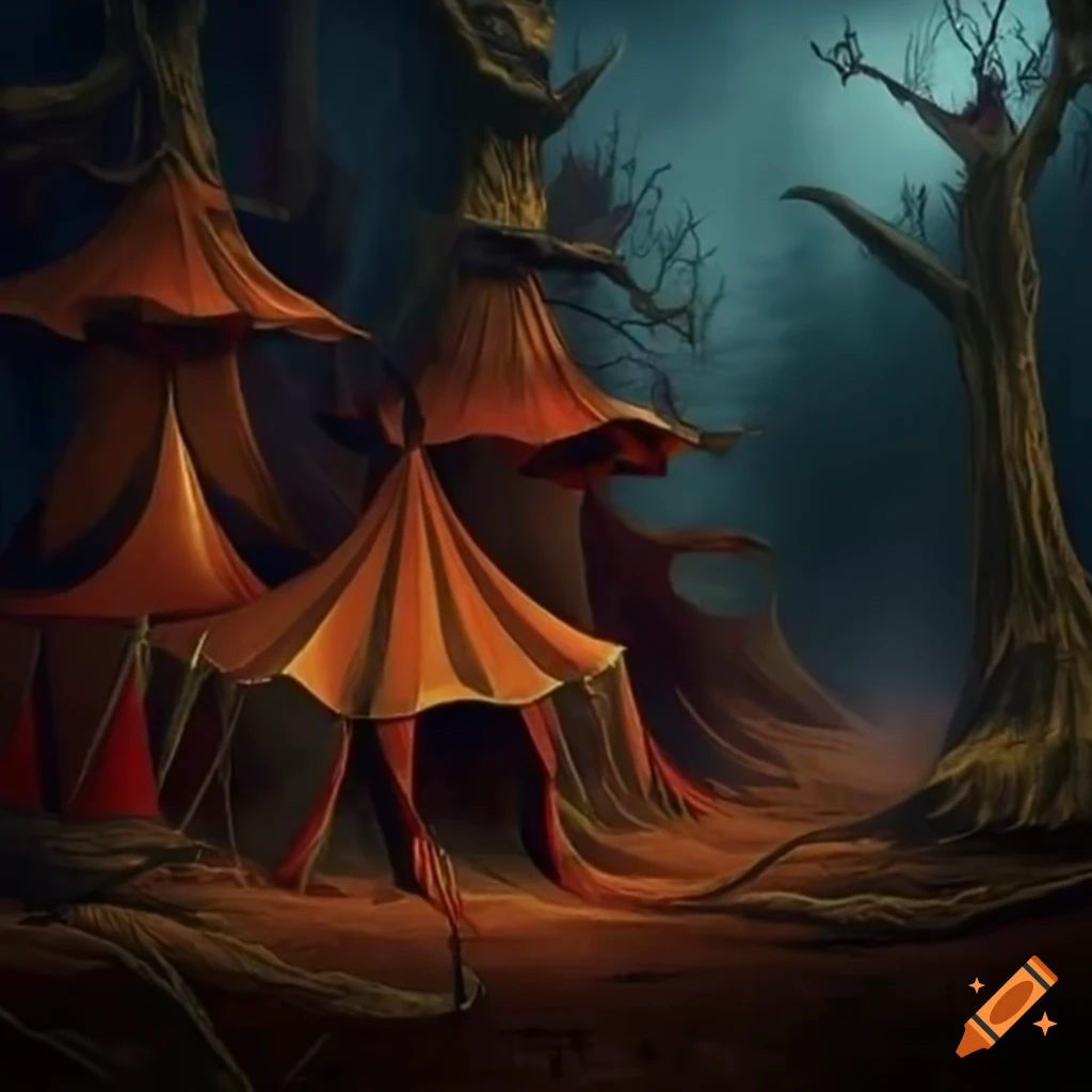 Image of a spooky circus tent in the woods