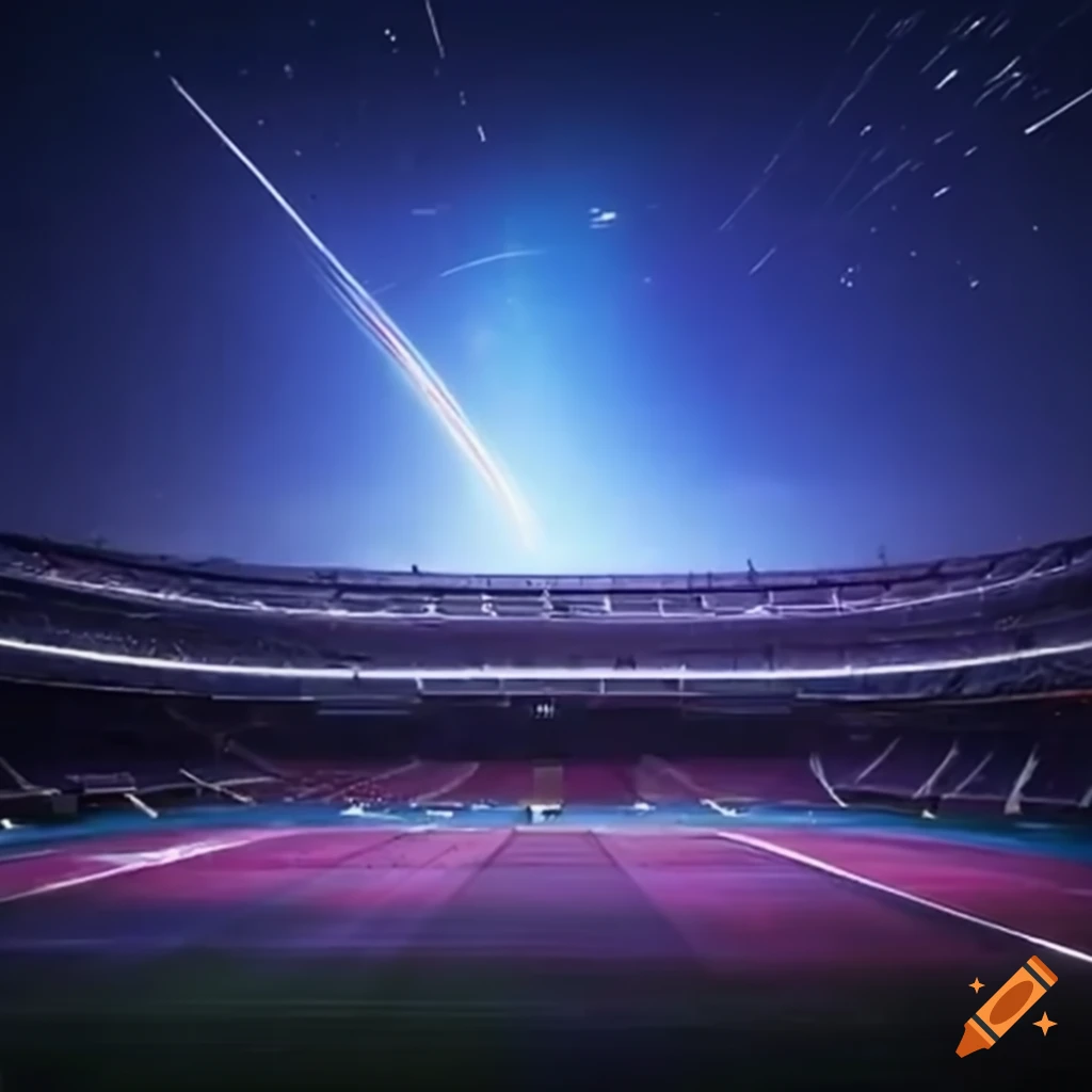 Night view of a stadium with a meteor in the sky on Craiyon