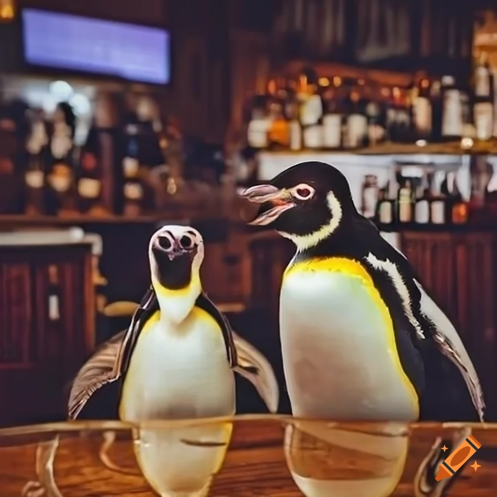 Humorous image of a penguin at a bar