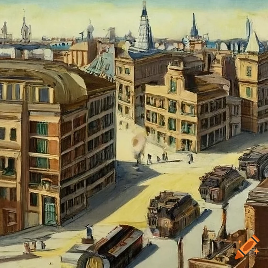 Steampunk cityscape with neoclassical buildings