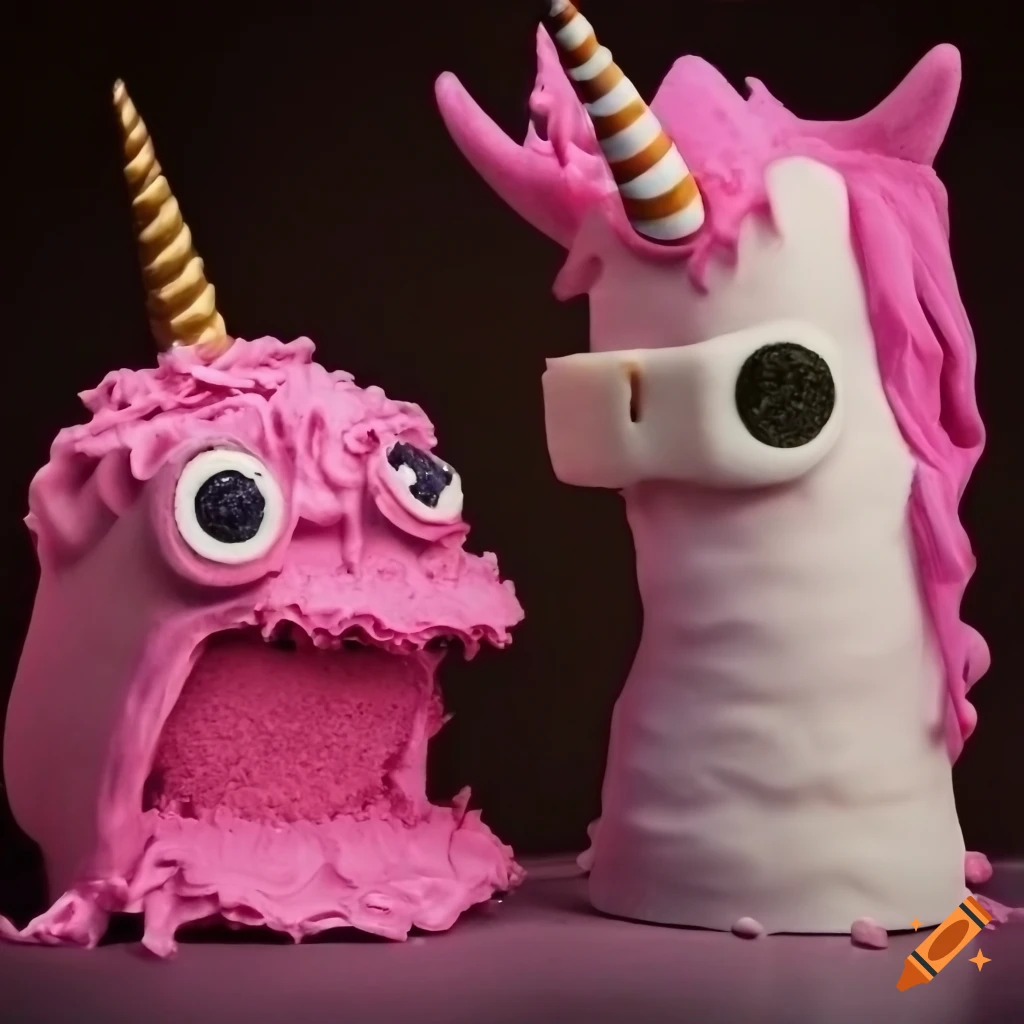 Illustration of a cake monster and a terrified unicorn