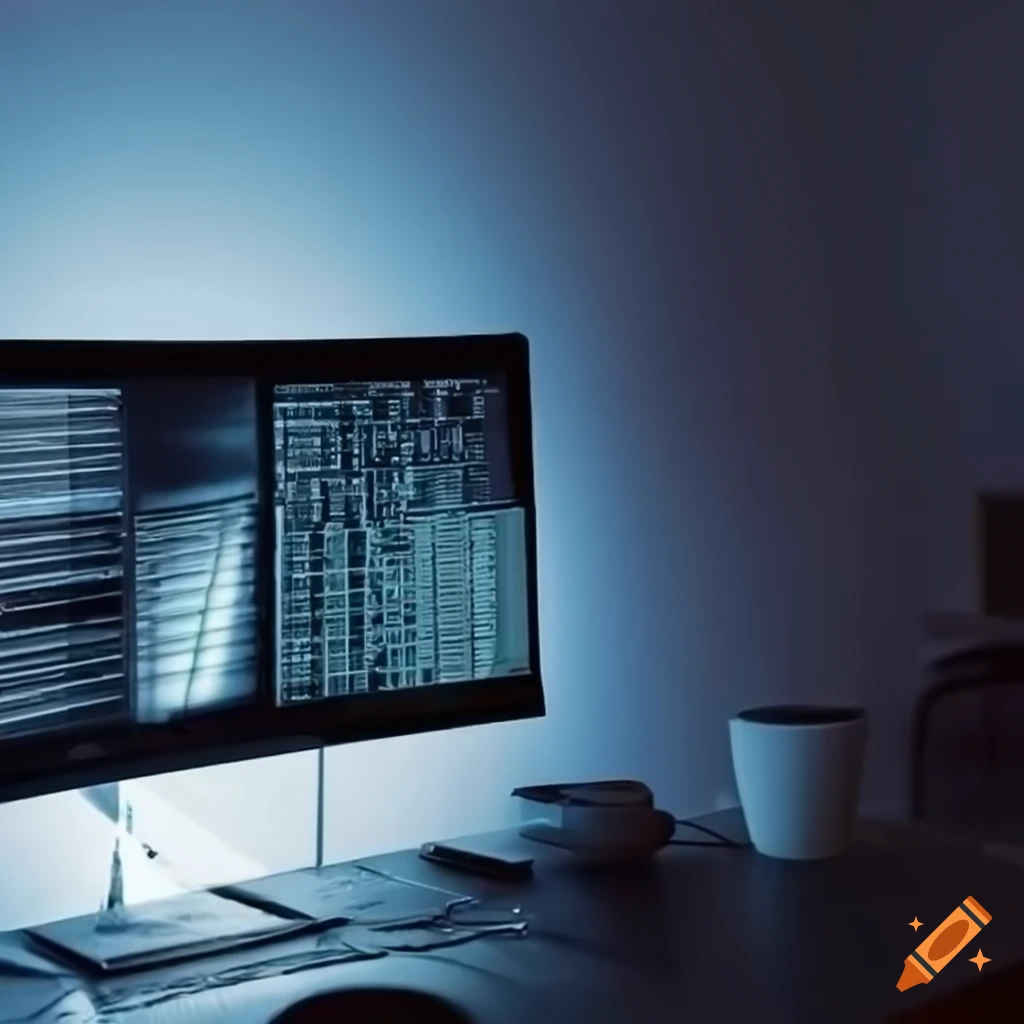 Minimalist modern workspace with graphics on monitor on Craiyon