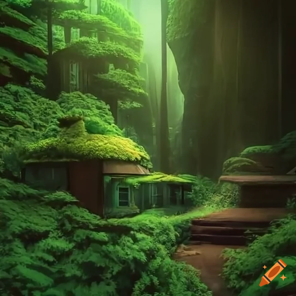 Lush forest surrounding a beautiful town on Craiyon