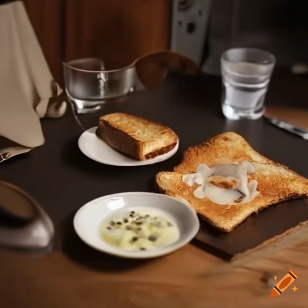 Breakfast with toast, water, and yogurt on a messy table on Craiyon