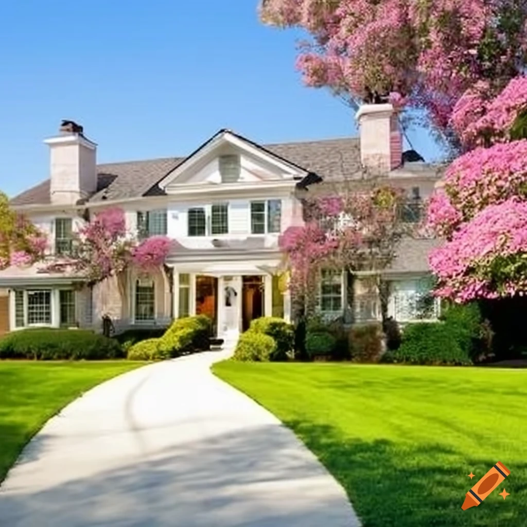 Neo-colonial home with colorful flowers in california on Craiyon