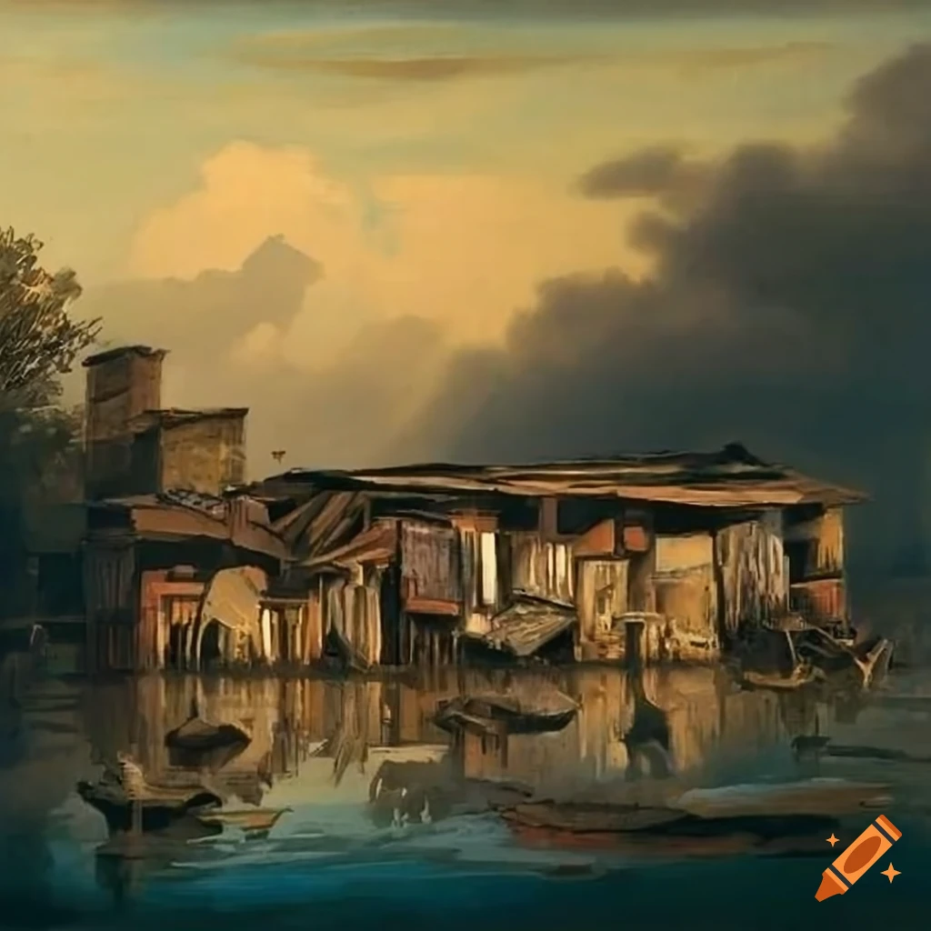 Painting of city slums on stilts by Hubert Robert on Craiyon