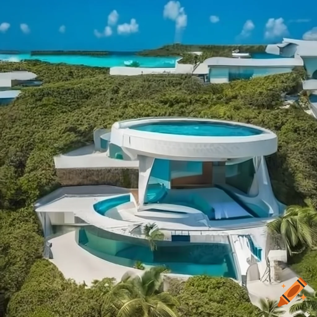 Futuristic villa in cancun overlooking the beach on Craiyon