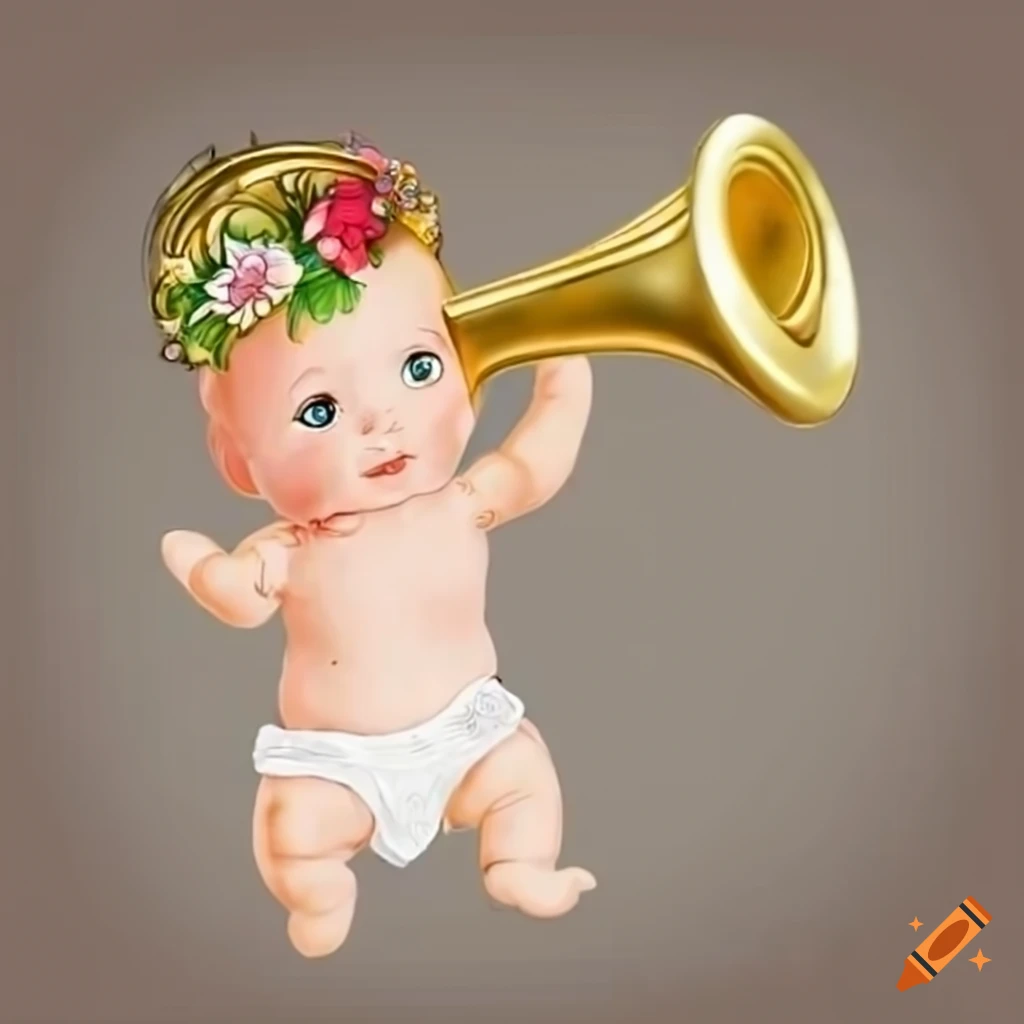 Artwork of a baby playing trumpet while riding a horse
