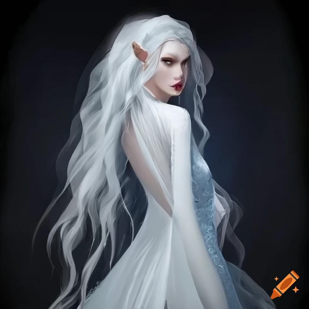 Art of a moon elf woman in white gown on Craiyon