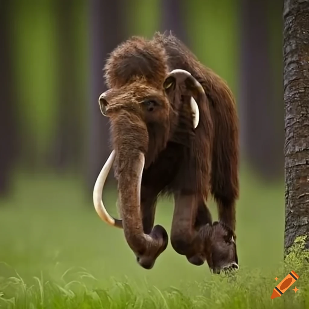 Black mammoth with red eyes in savanna with trees and blue sky on Craiyon