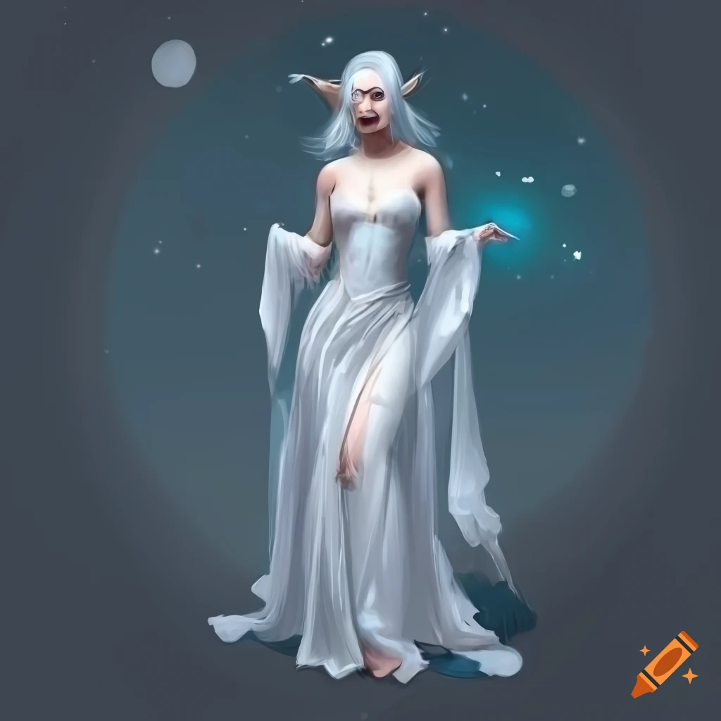 Art of a moon elf woman in a white medieval gown on Craiyon