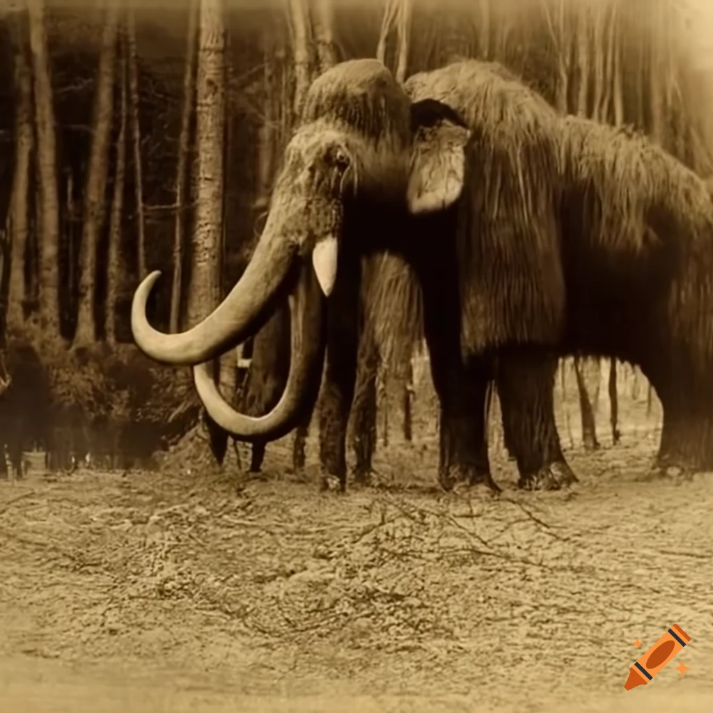 Historic image of wooly mammoth and her calf