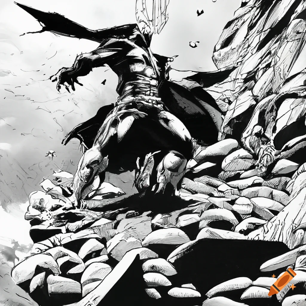 Drawing of falling stones in black and white