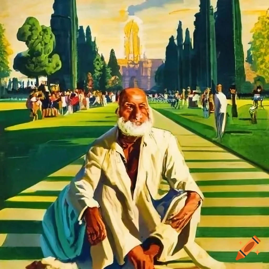 Vintage travel poster of a beggar on a park promenade on Craiyon