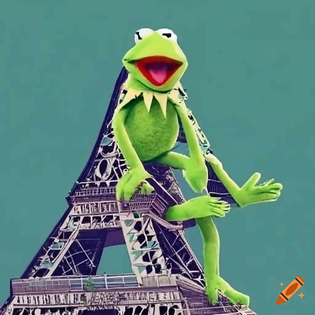 Parody image of kermit the frog on the eiffel tower