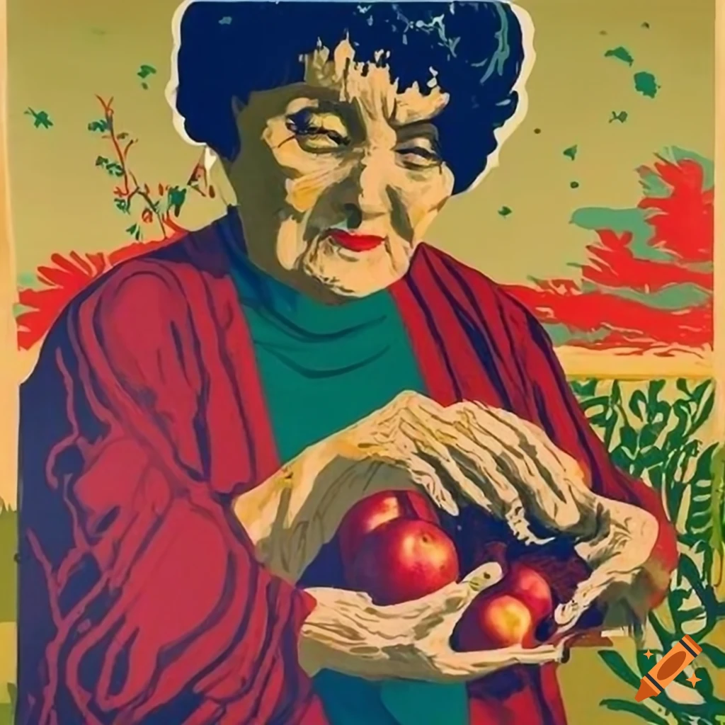 Soviet propaganda poster of an elderly woman in an apple garden