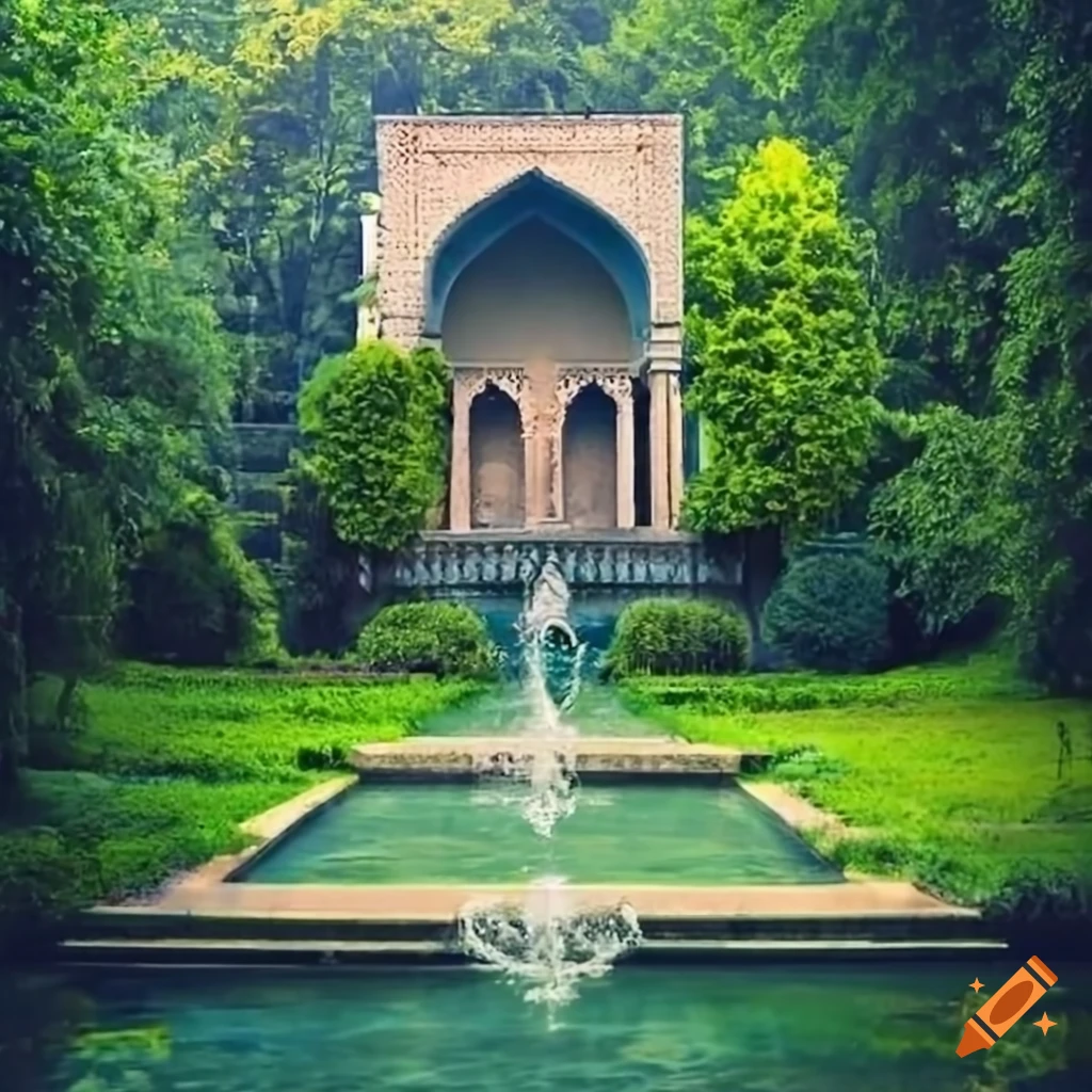 Stunning view of a garden with high trees and a pond in Venice on Craiyon