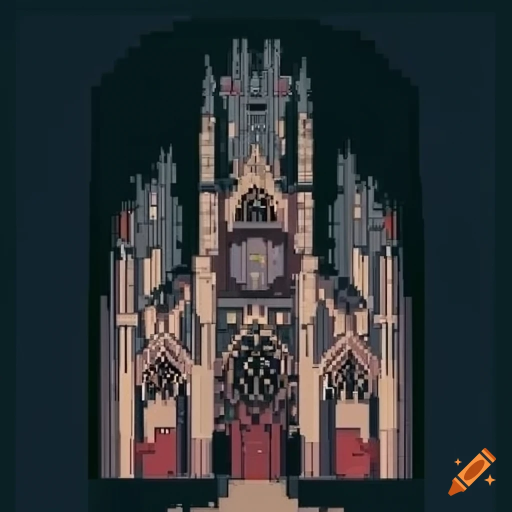 Detailed pixel art banner of a gothic cathedral in dark colors on Craiyon