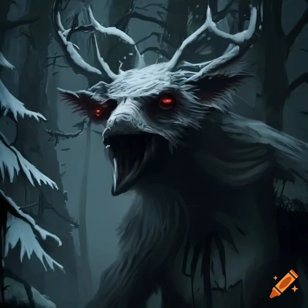 Dark fantasy artwork of a white-feathered crowman wendigo in a snowy forest on Craiyon