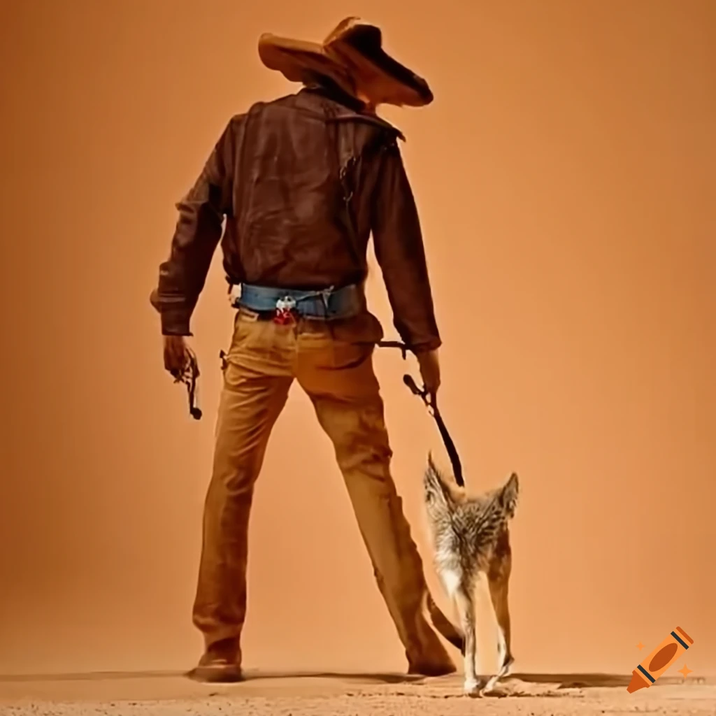 Cowboy walking a coyote in the desert on Craiyon
