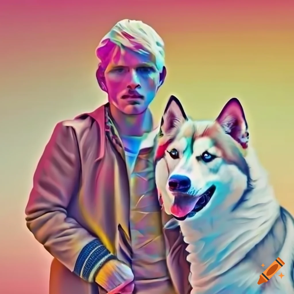 Colorful geometric art of a man with his husky on Craiyon