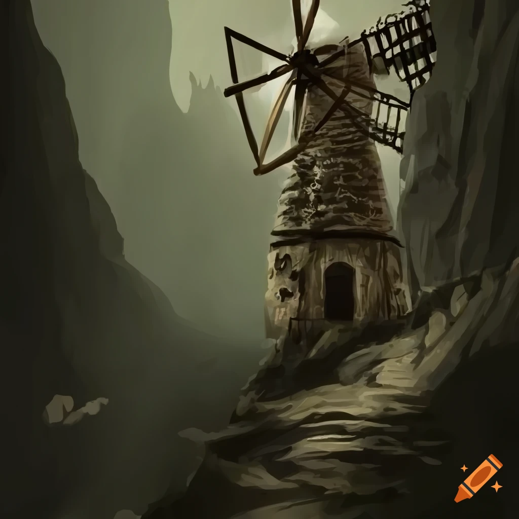 Digital art of a bone windmill on a cliffside