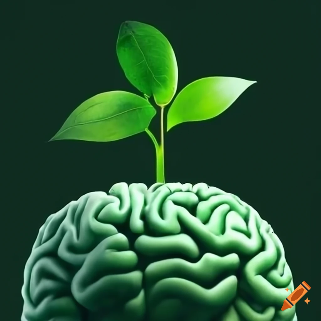Green leaves sprouting from a human brain on Craiyon
