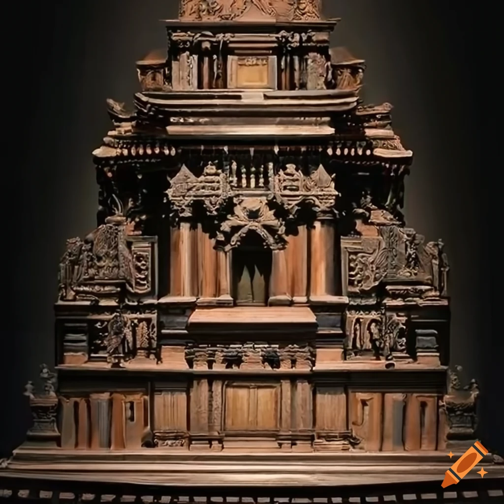 Detailed architectural stave carving of a house shrine