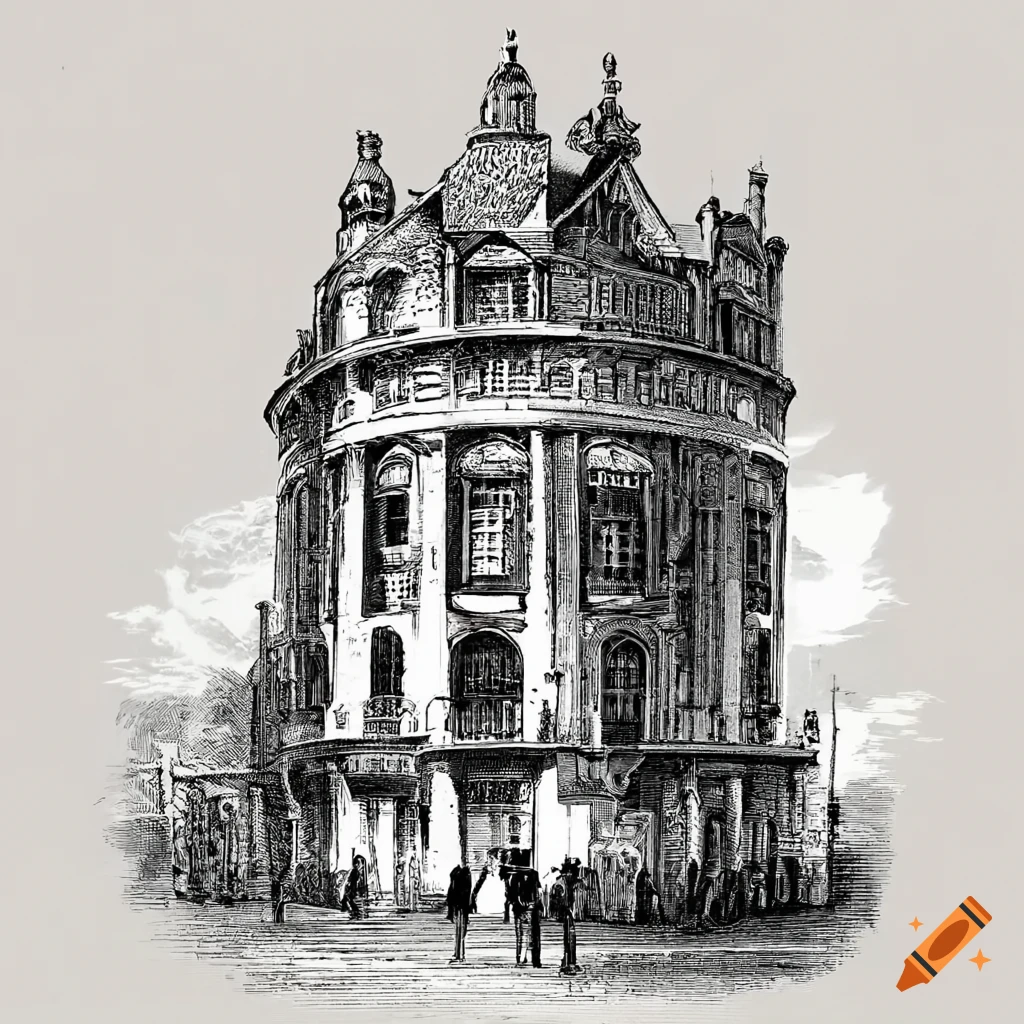Vintage sketch of the beautiful road in front of the french hotel in ...