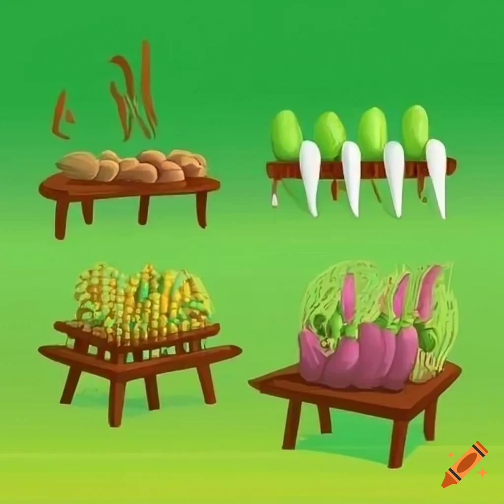 Cartoon illustration of various crops arranged in tables