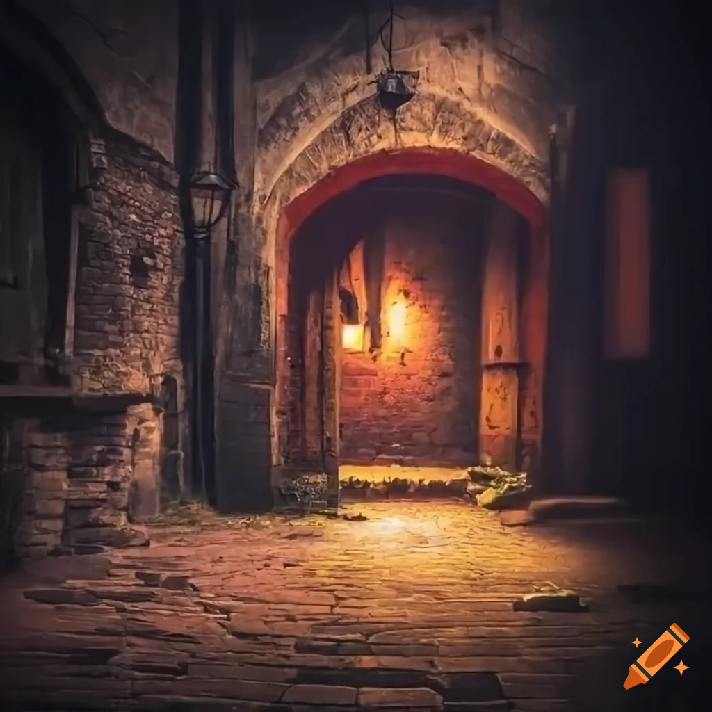 Medieval inn entrance in a foggy alley at night on Craiyon