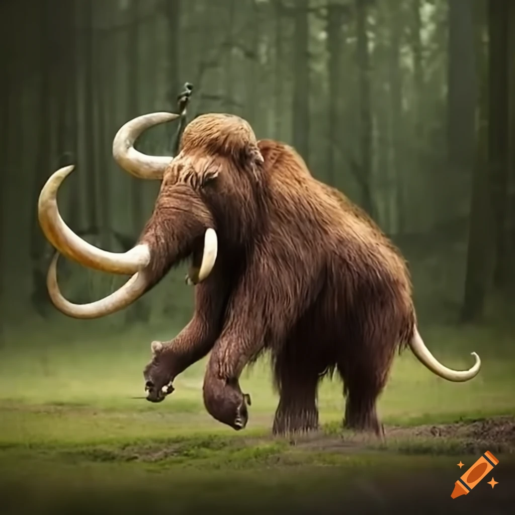 Historic image of wooly mammoth and calf running in field on Craiyon