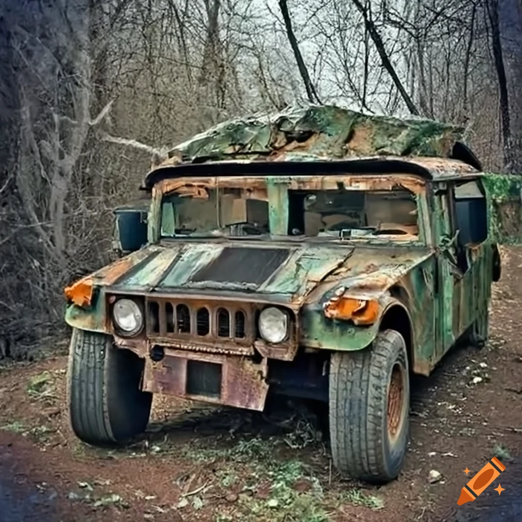 Image of a decayed and deserted HMMWV on Craiyon