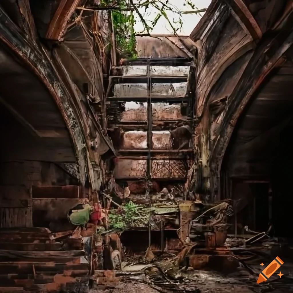 Photo inside an abandoned factory with stone and brick structures on ...