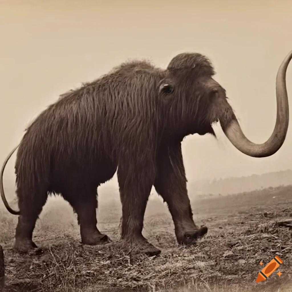 Historic image of wooly mammoth and calf running in field on Craiyon