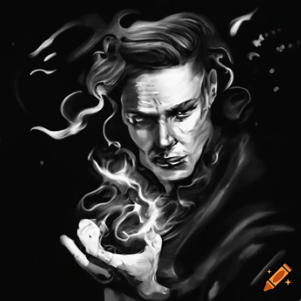 Black and white drawing of a magician casting a fireball spell on Craiyon