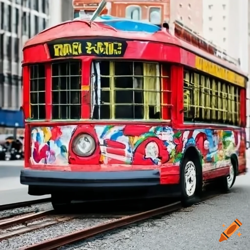 Newspaper promotional shot of a trolley bus painted like a train on Craiyon