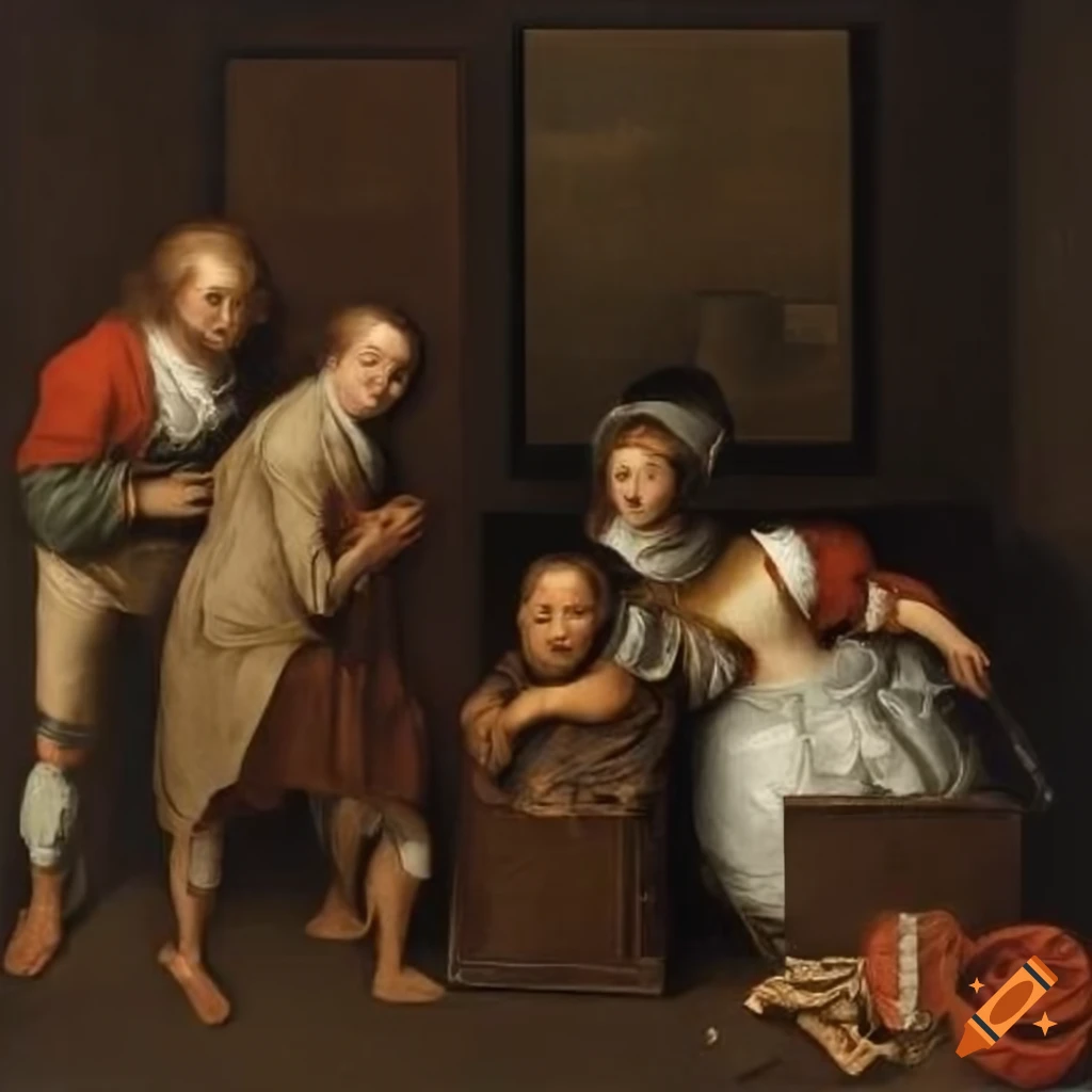 Portrait painting of a discordant family in a cluttered room on Craiyon