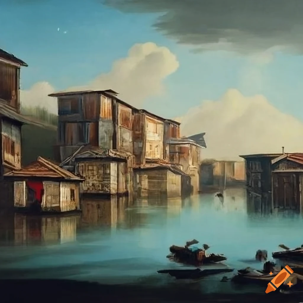 Painting of city slums on stilts by Hubert Robert on Craiyon