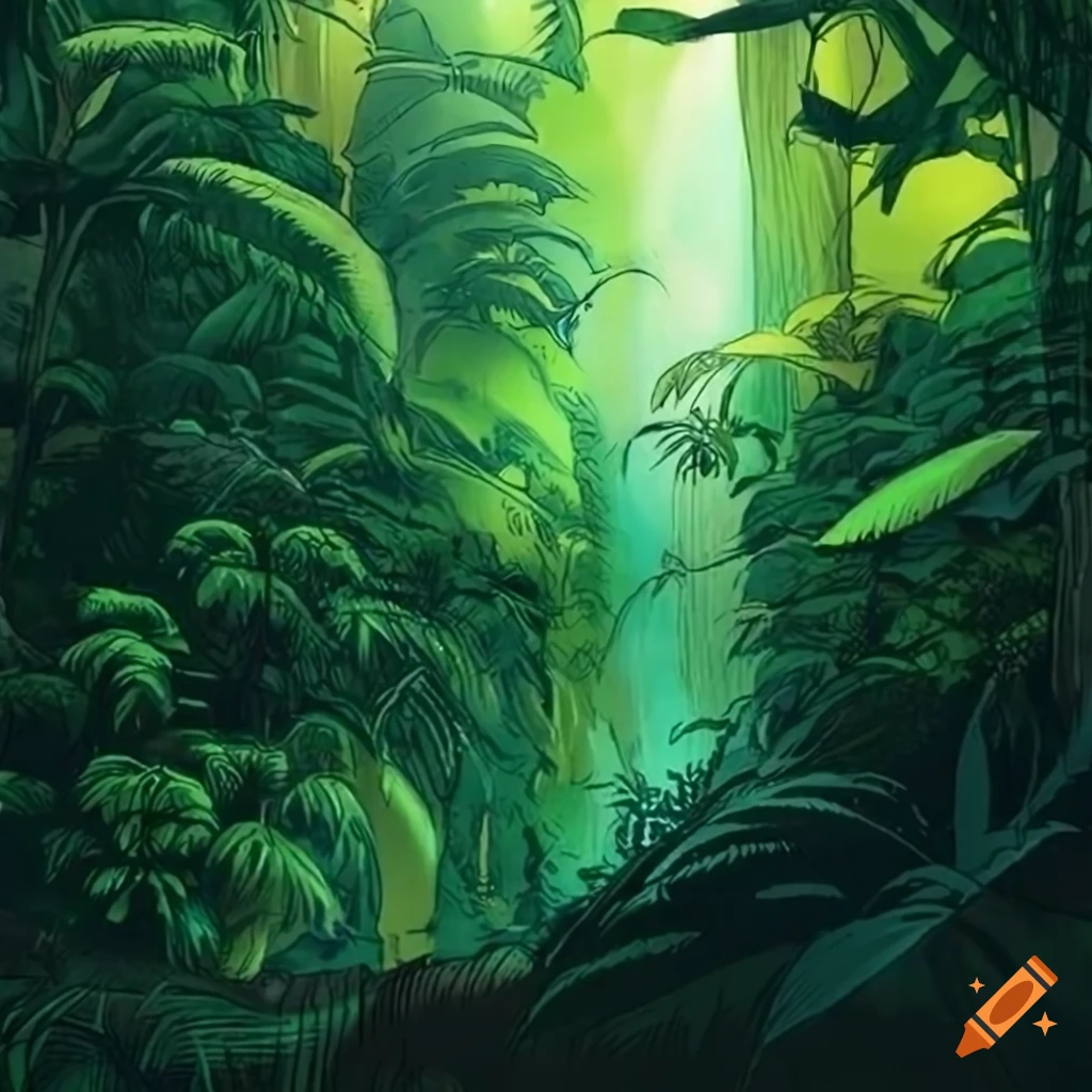 Manga-style illustration of a jungle landscape on Craiyon