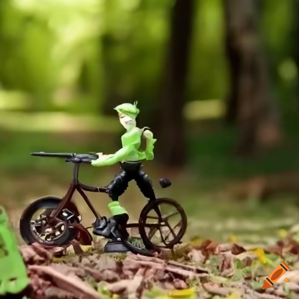Creepy toy figure riding a broken bike on Craiyon