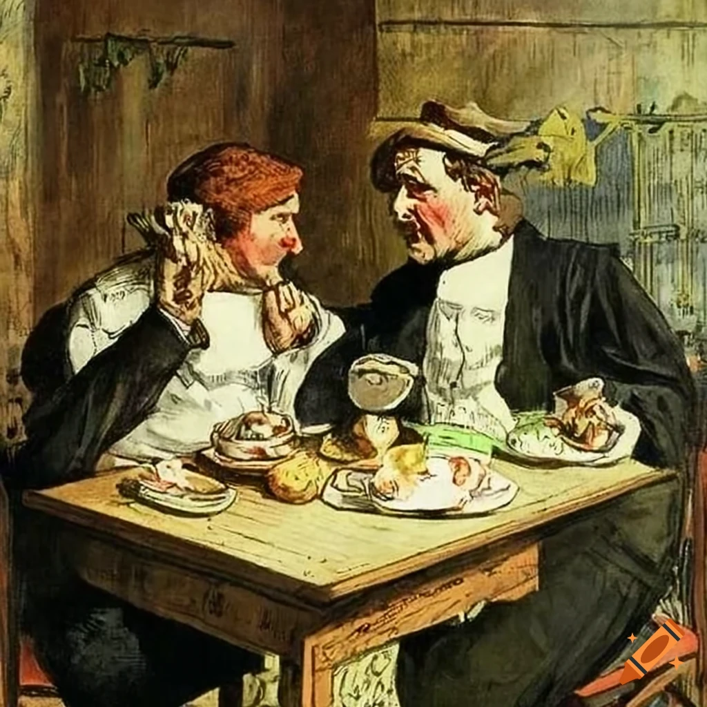 Vintage illustration poster of two beggars eating at a restaurant table ...