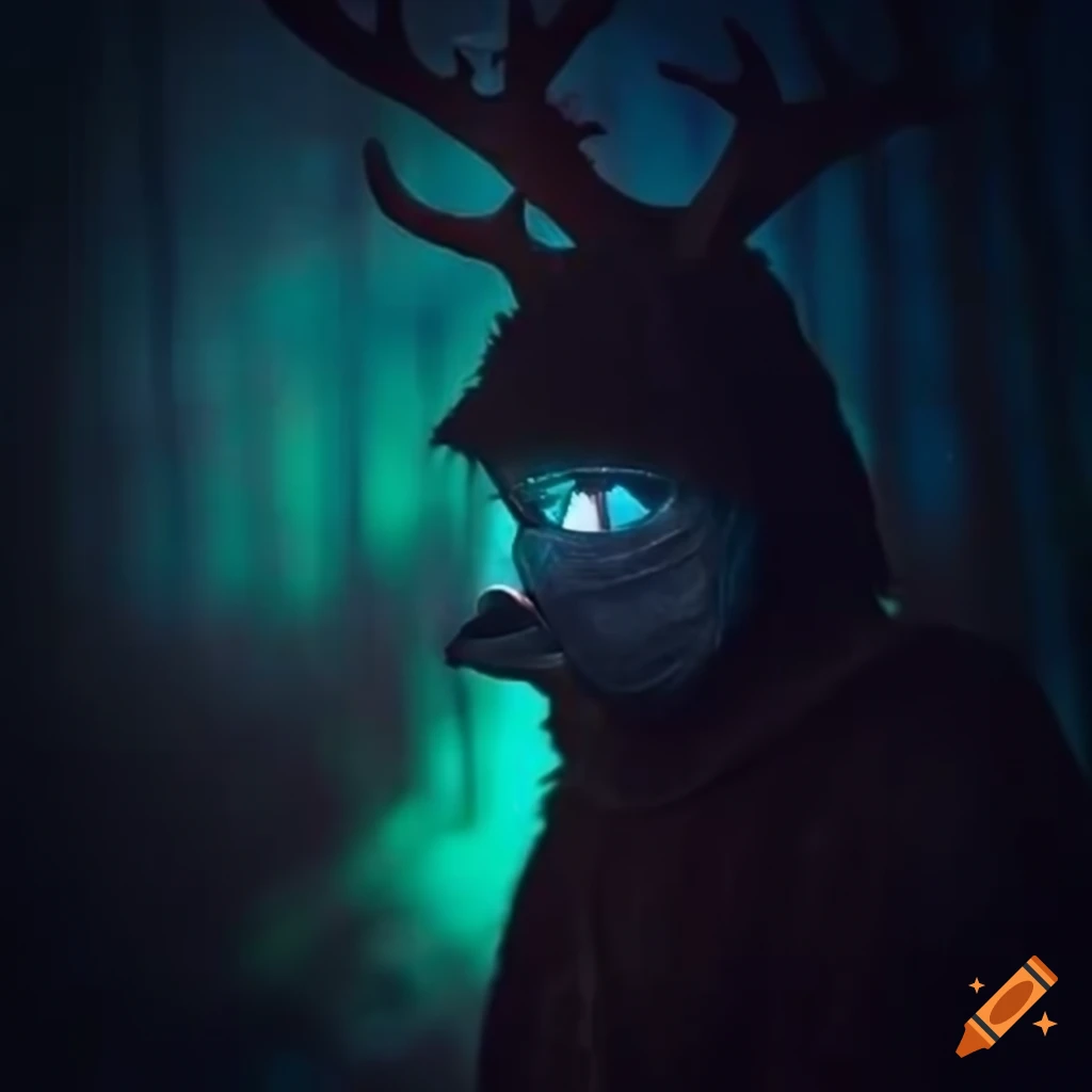 Close-up profile of an alchemist wearing a mask with a beak and antlers ...