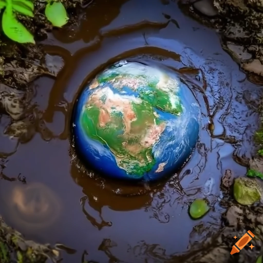 Macro photo of mini planet earth in a puddle on Craiyon