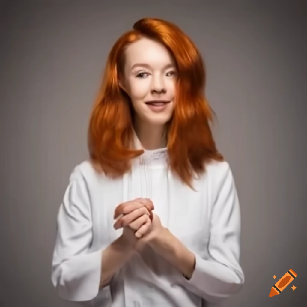 Confident young woman with short auburn hair in blue shirt against solid green background on Craiyon