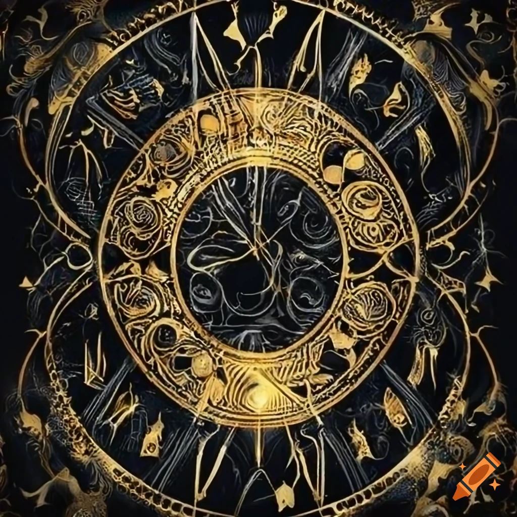 Gold and black abstract art of zodiac symbols