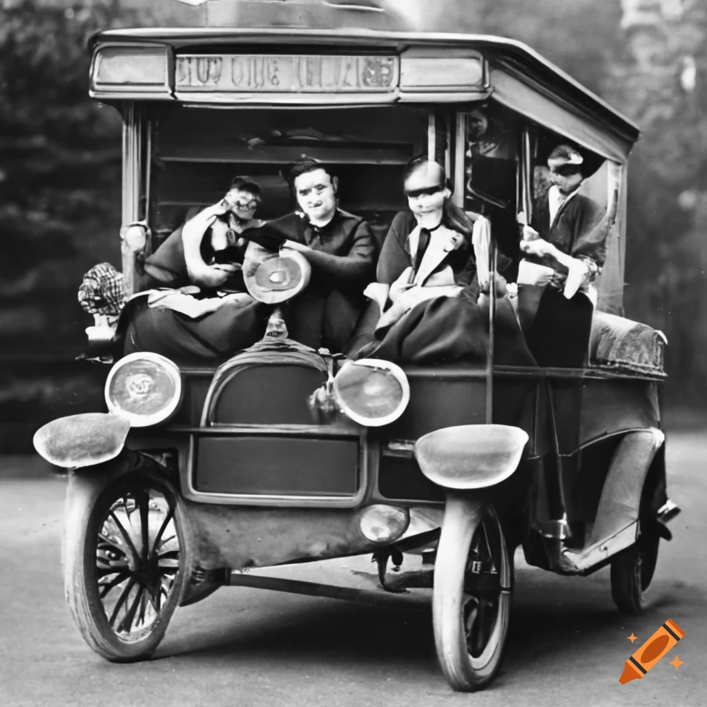 Vintage photo of college students having fun in a bus