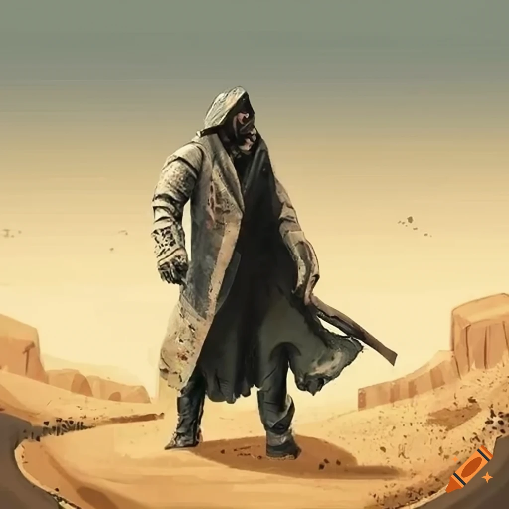 Soldier with cape and sunhat in a desert trench on Craiyon